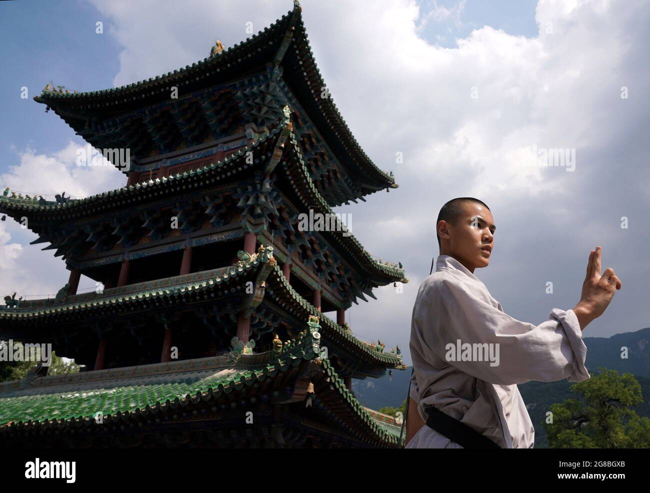 Dengfeng, China's Henan Province. 8th July, 2021. A Shaolin monk ...