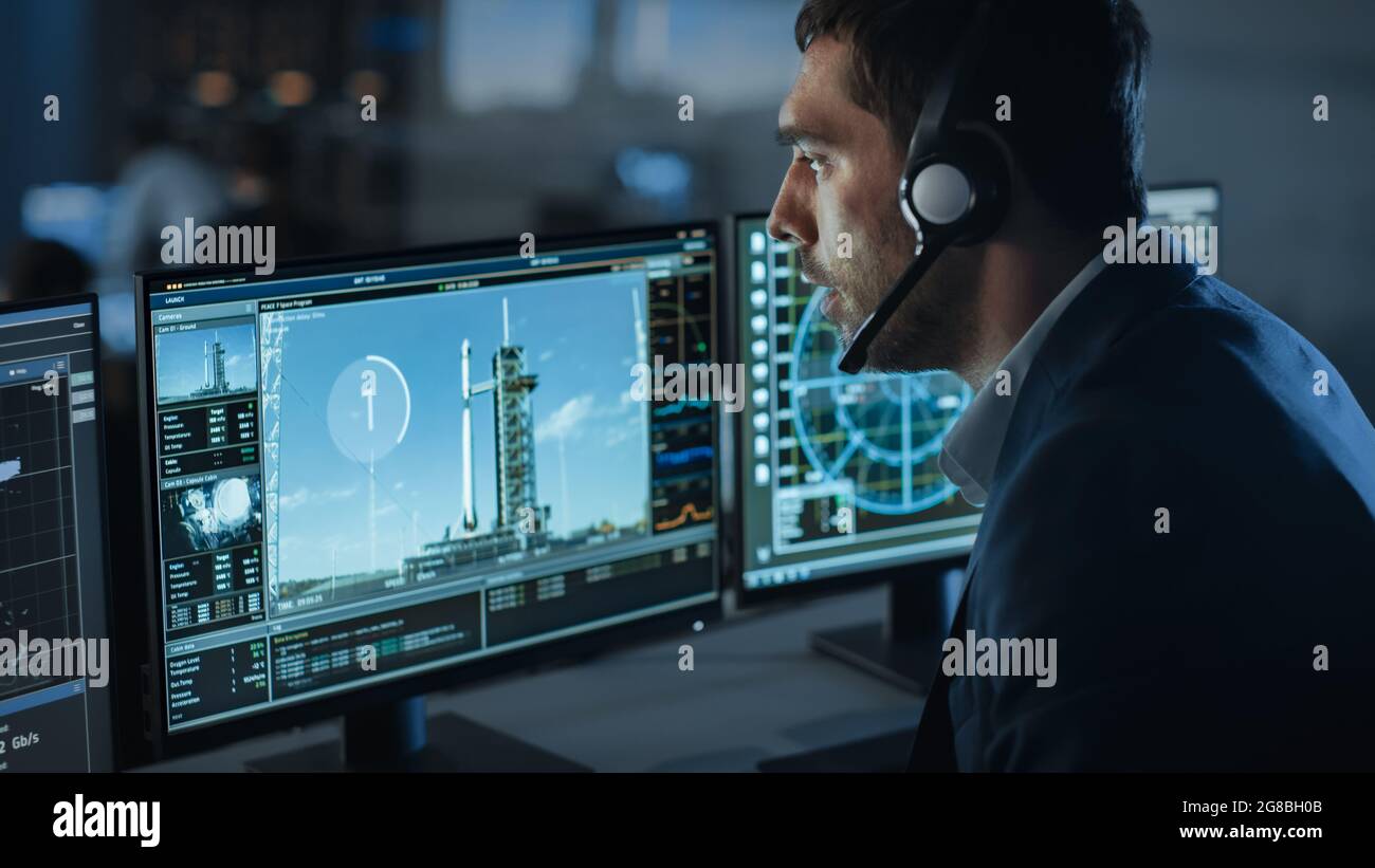 Flight Director Counts Down the Seconds Before Space Rocket Launch ...