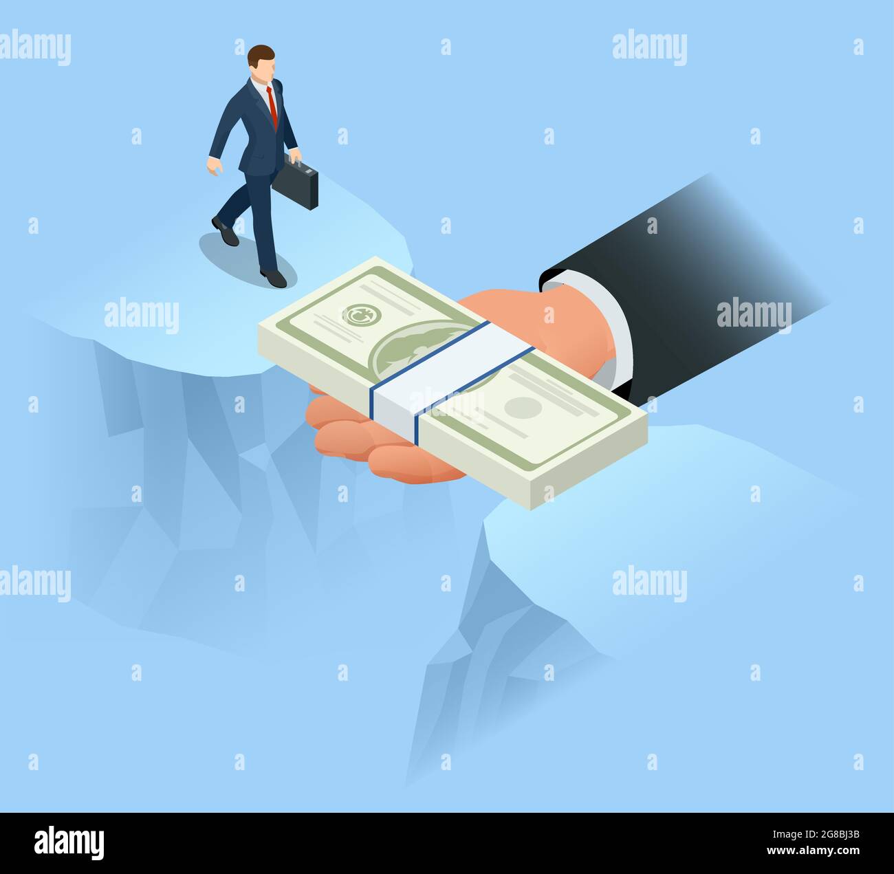 Isometric helping hand with dollar bill bridging economy gap assisting ...