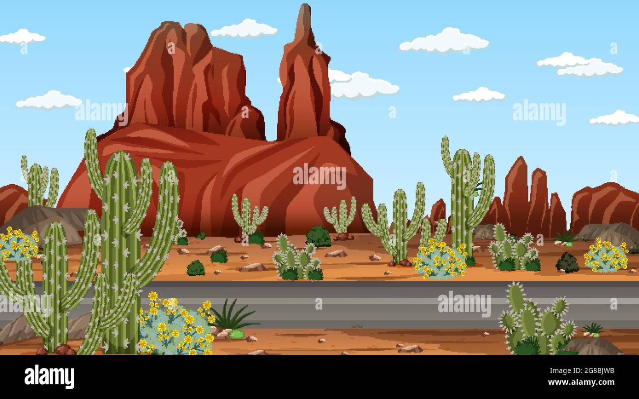 Desert forest landscape at daytime scene with long road illustration ...
