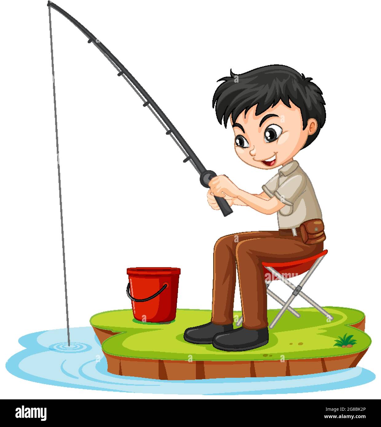 A girl cartoon character sitting and fishing on white background ...