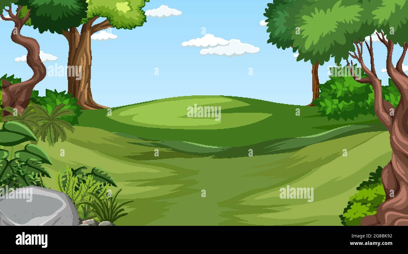 Blank forest at daytime scene with various forest trees illustration ...