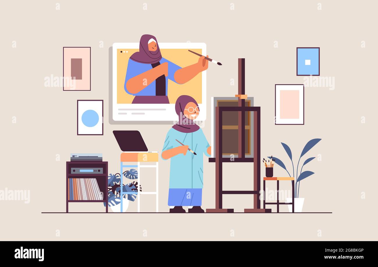 arab schoolgirl with female teacher artist in web browser window ...