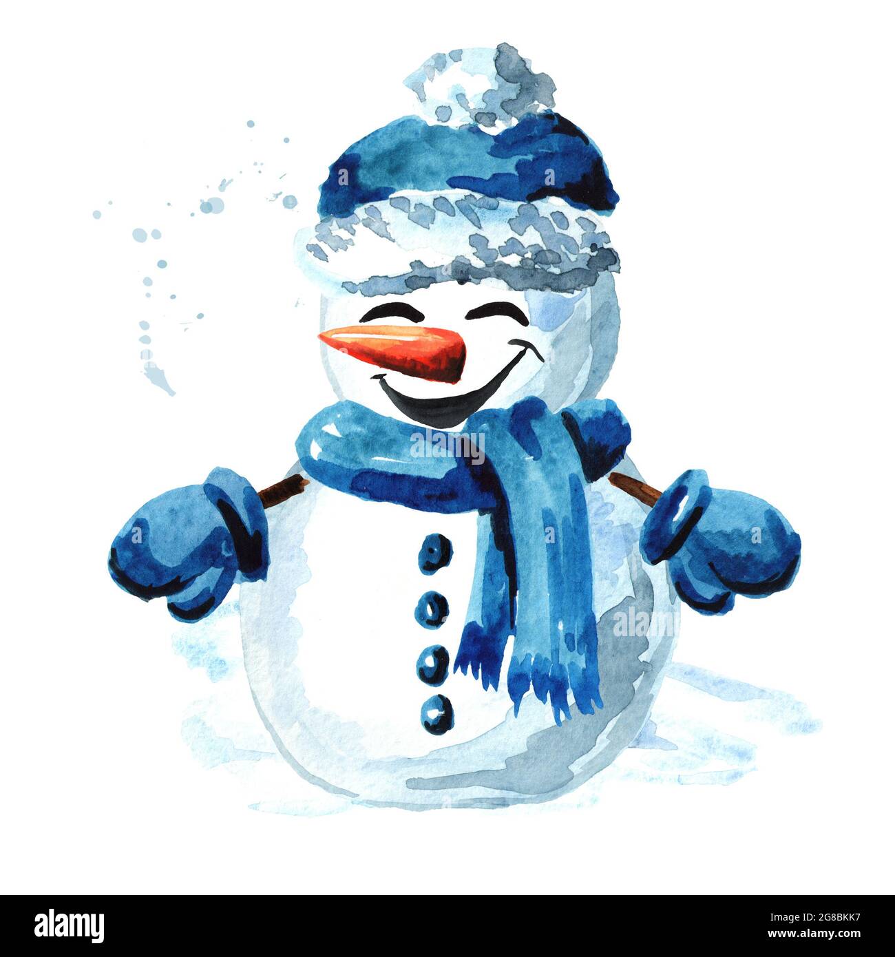 Happy baby snowman in a blue cap, scarf and mittens. Watercolor hand ...