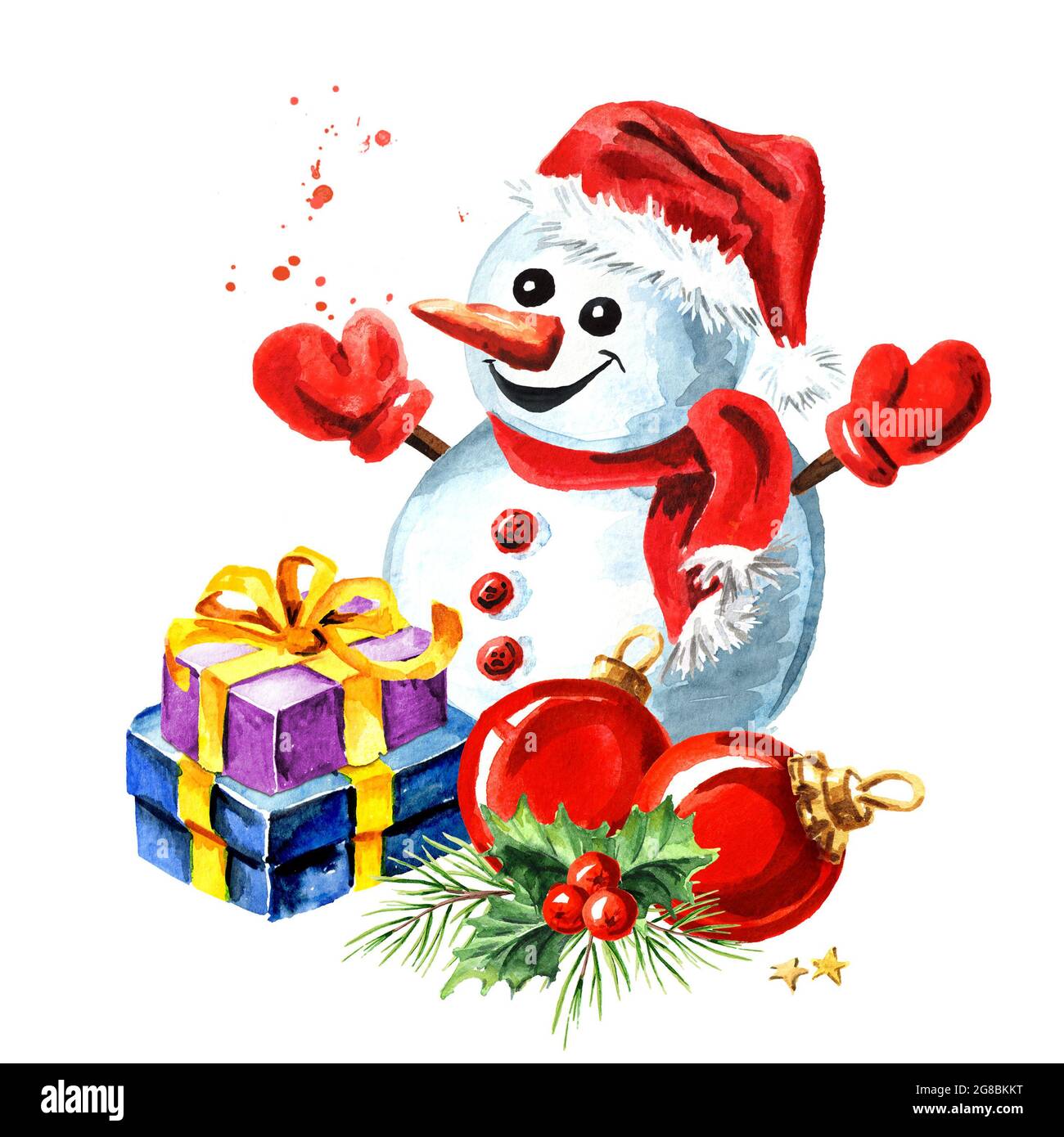 Christmas composition withsnowman, gift box, fir branch and red ball ...