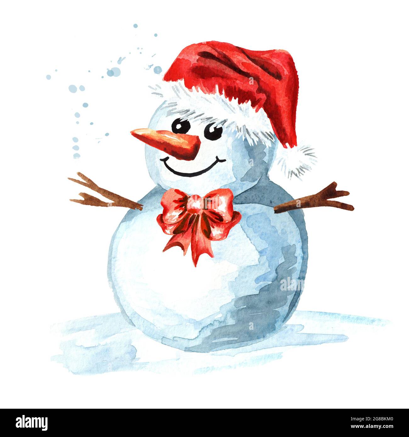 Cheerful snowman in a red cap and neck bow. Watercolor hand drawn ...