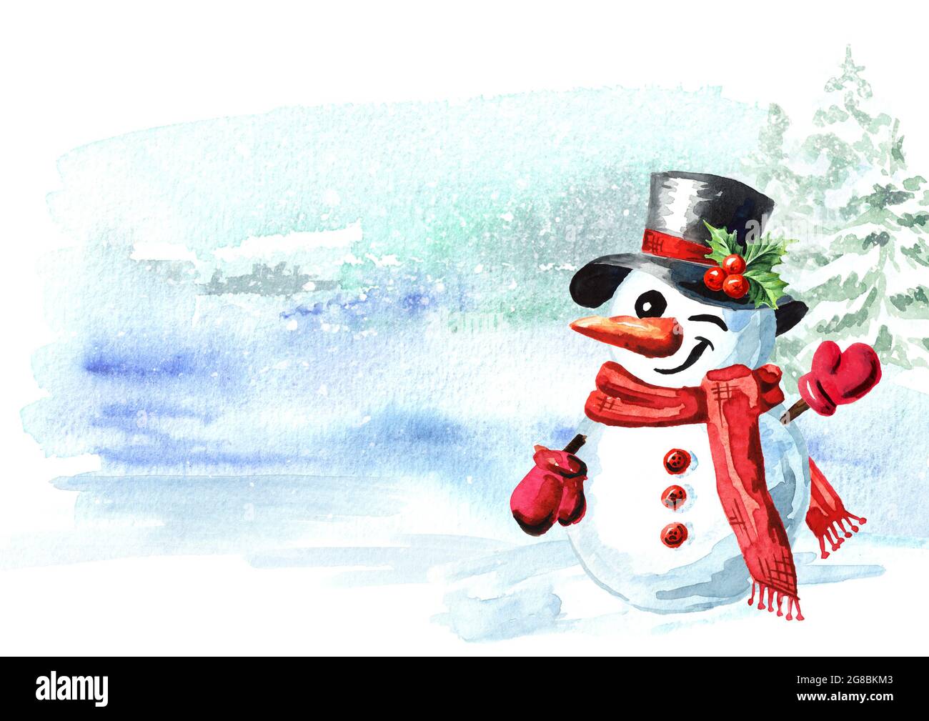 Cute snowman blinking and smiling in a red cap and scarf in winter ...