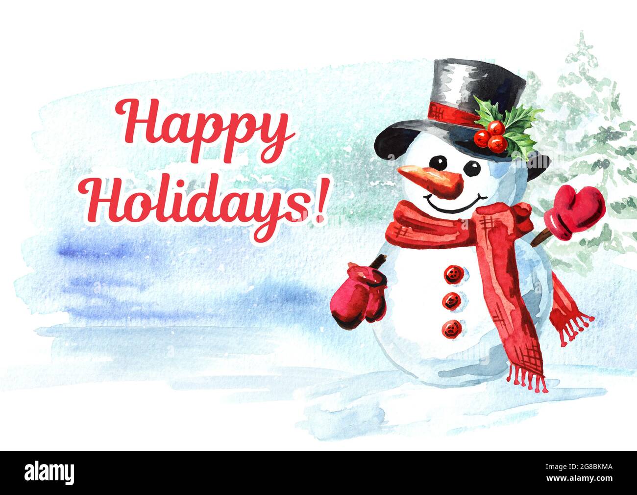 Cute snowman blinking and smiling in a red cap and scarf in winter ...