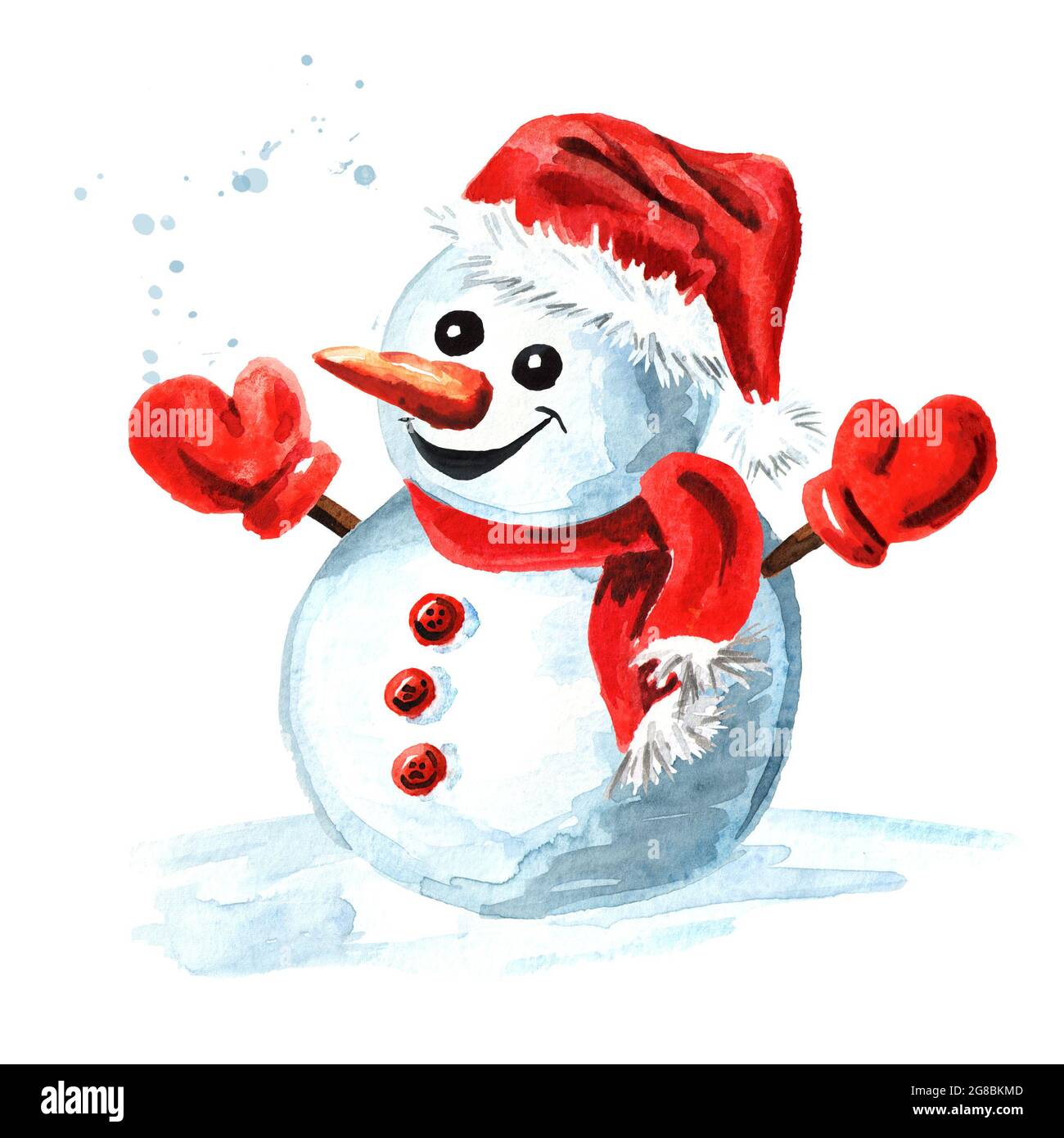 Cheerful snowman in a red cap, scarf and mittens. Watercolor hand drawn ...