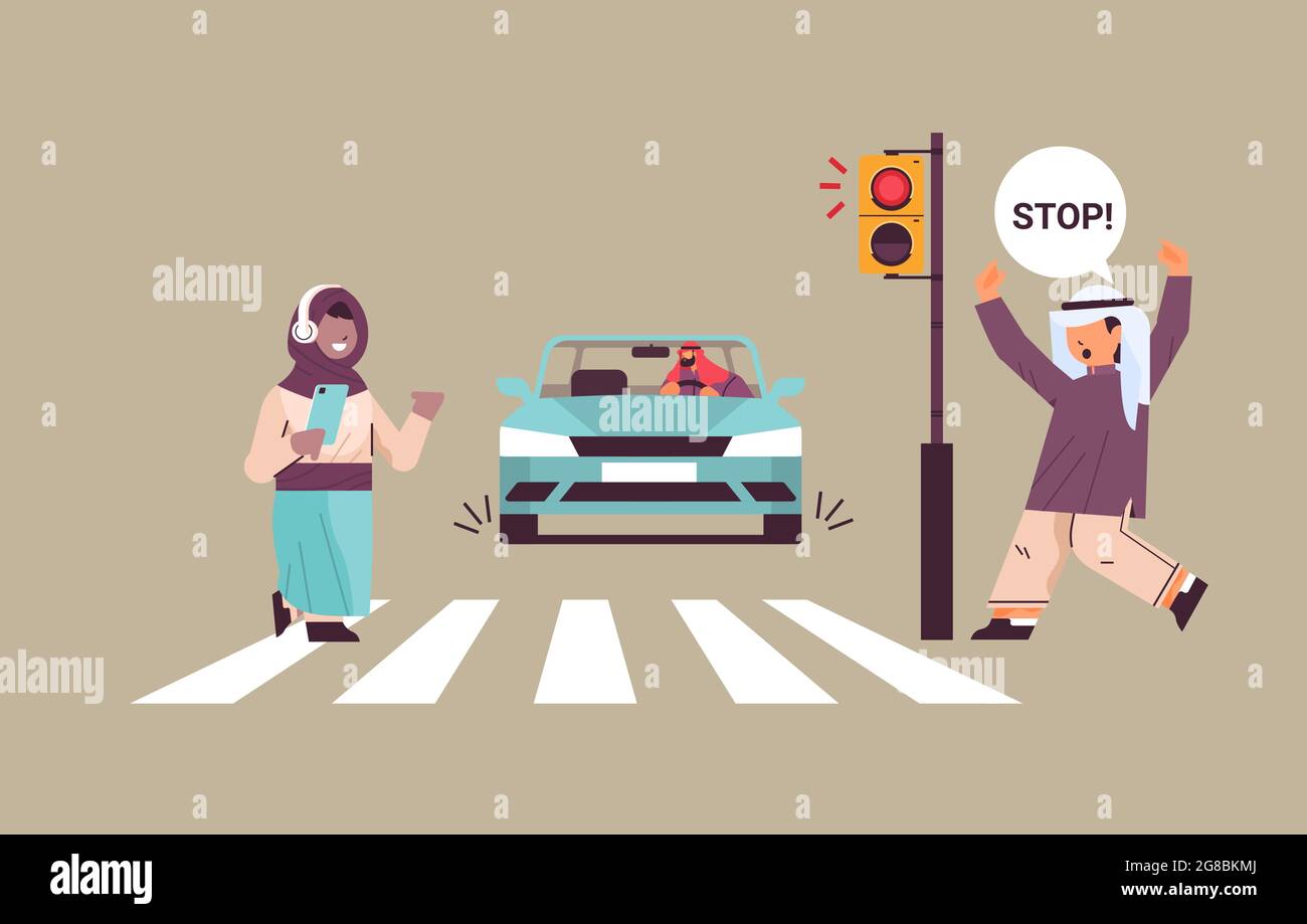 schoolgirl with smartphone and headphones crossing road on red traffic ...