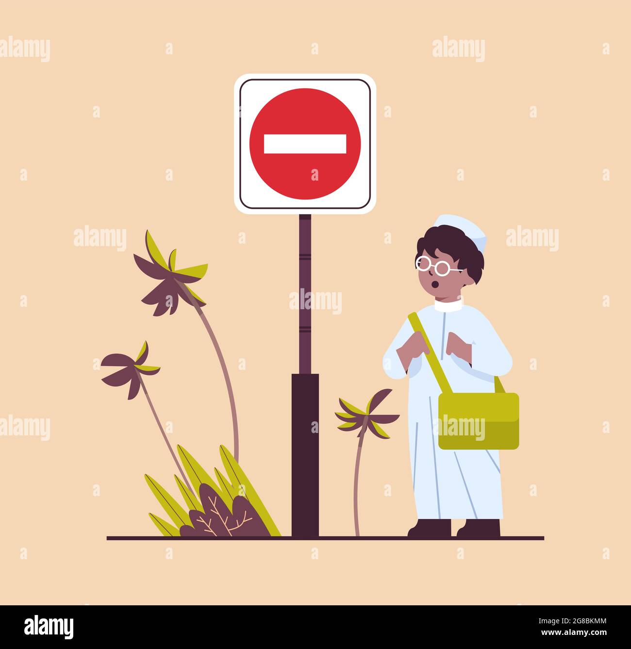 arab schoolboy with backpack standing near red stop road sign road ...