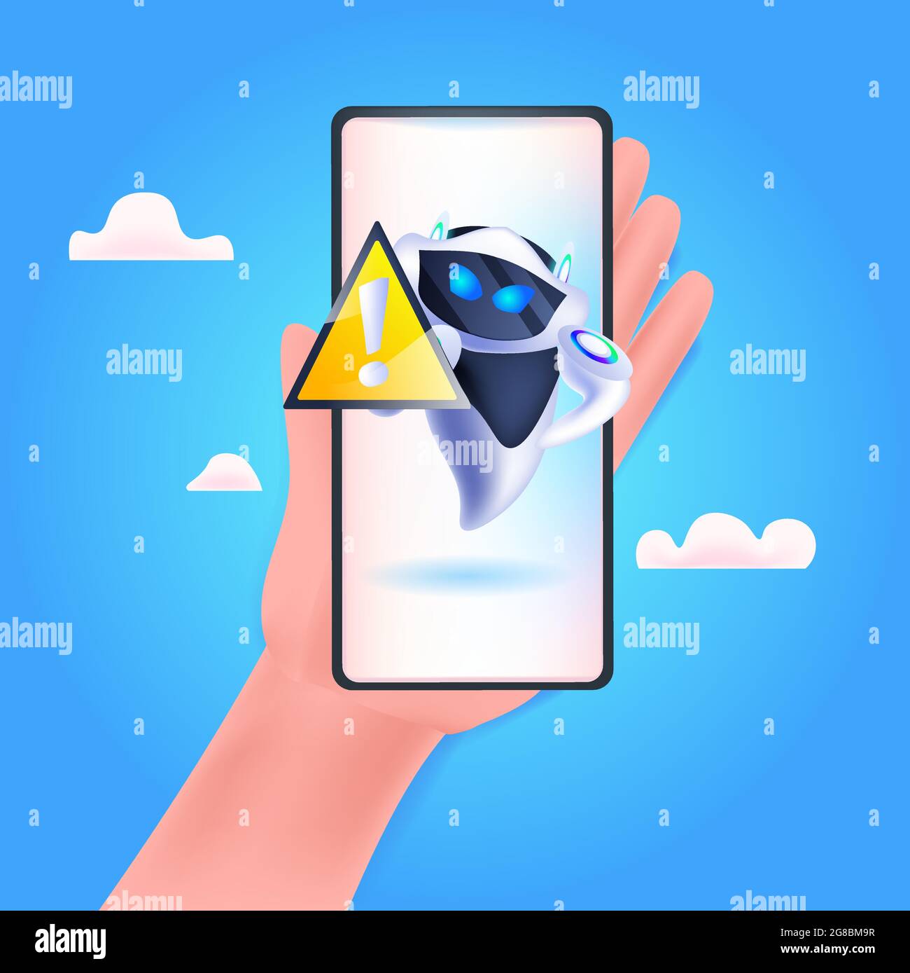 modern robot with yellow triangle sign with exclamation mark running ...