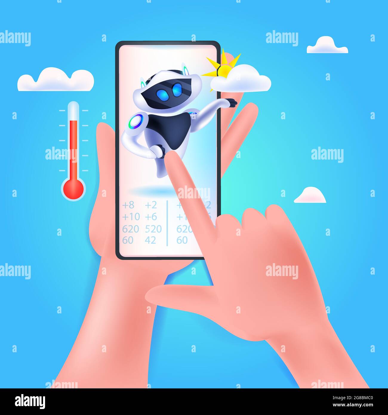 modern robot with sun and cloud icons on smartphone screen artificial ...