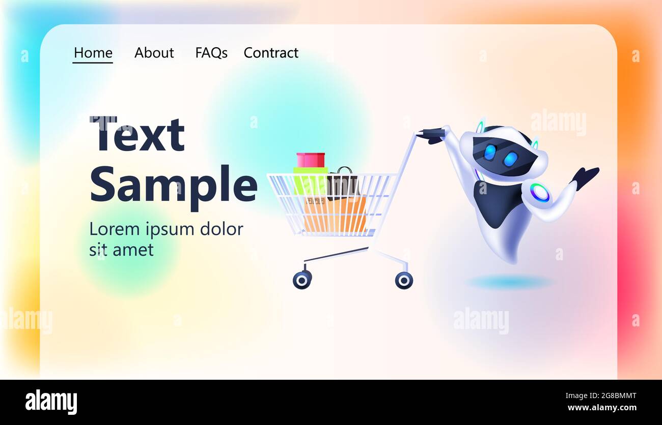 modern robot with trolley cart full of shopping bags special offer sale ...