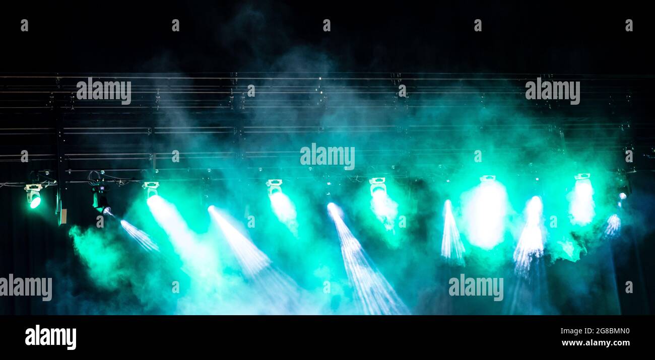 Row of colorful light set of concert stage on black background Stock ...