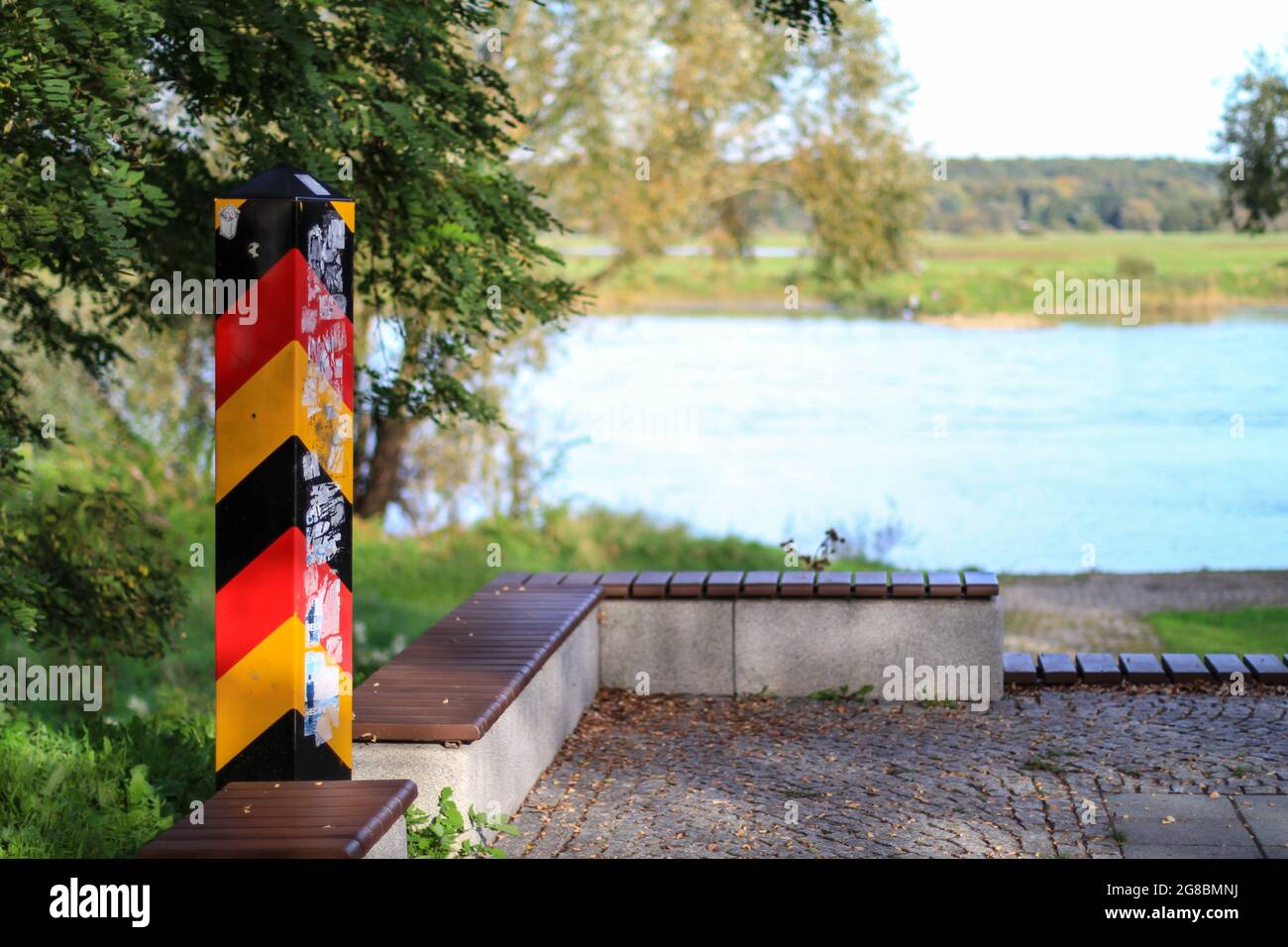 Selective focus of the German-Polish border post near the Oder river ...