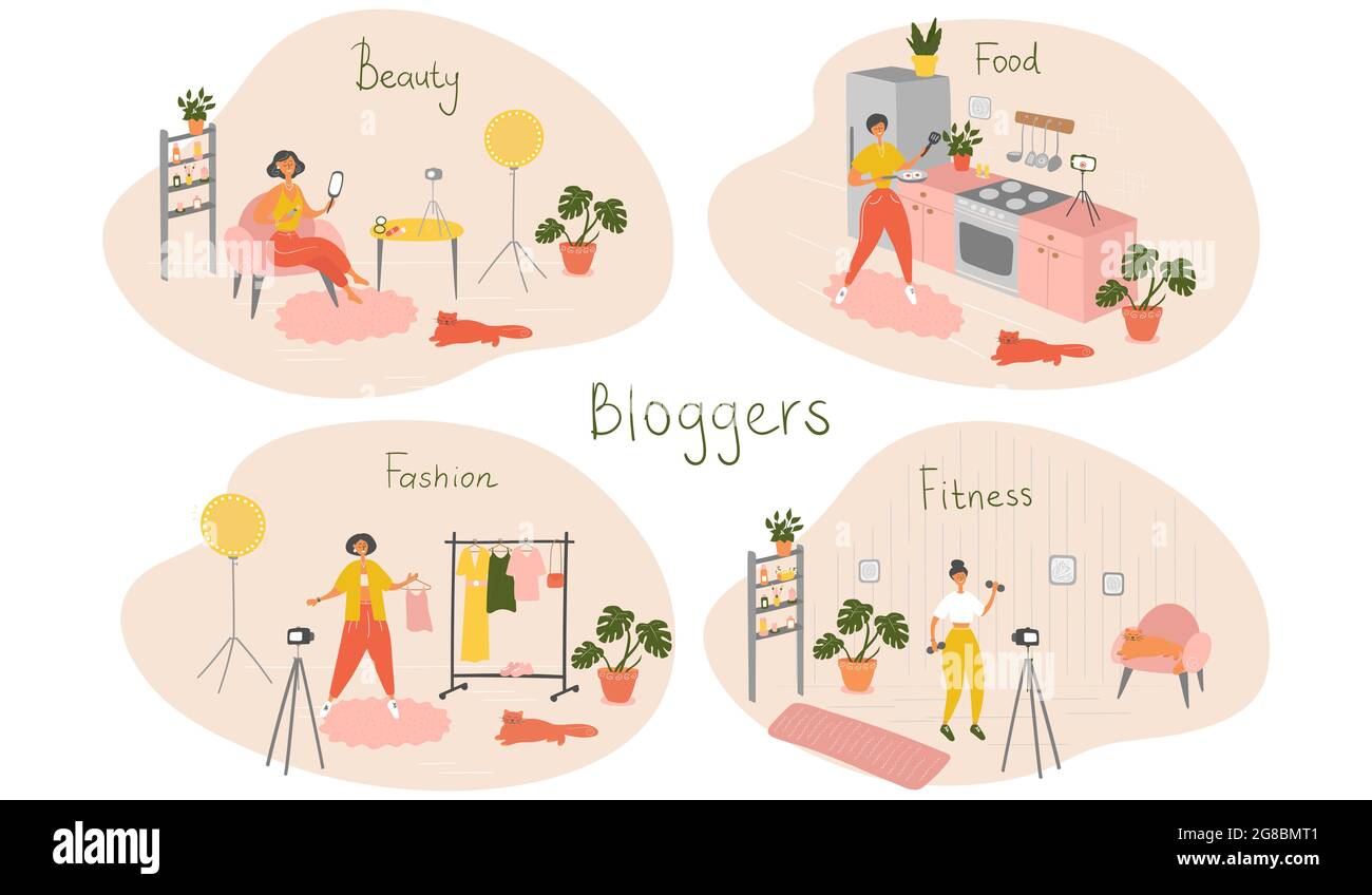 Set of female bloggers and vloggers characters making internet content ...