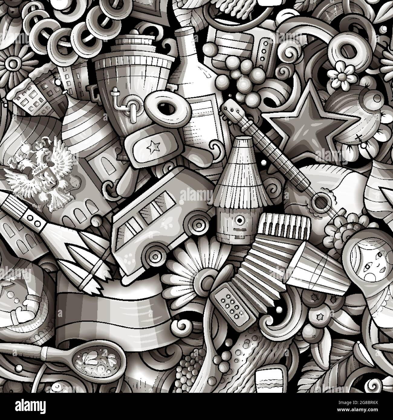 Cartoon doodles Russia seamless pattern. Backdrop with Russian culture ...