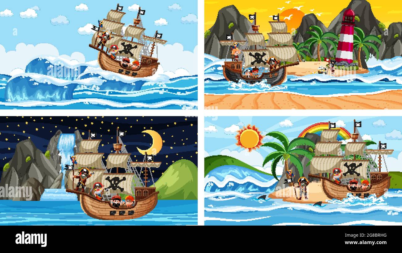 Set of different beach scenes with pirate ship and pirate cartoon ...