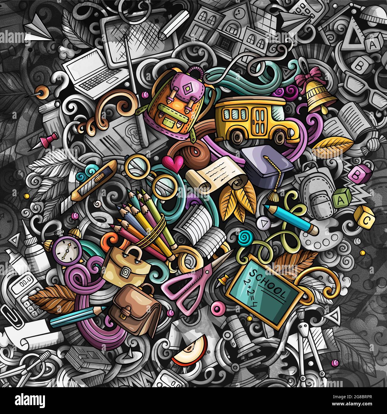 Doodles graphic Back to School raster illustration. Creative art ...