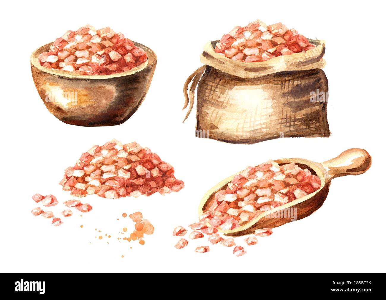 Himalayan pink salt set. Watercolor hand drawn illustration isolated on ...