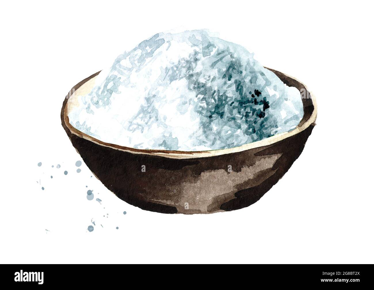 Sea salt in a bowl watercolor hand drawn illustration isolated on white ...