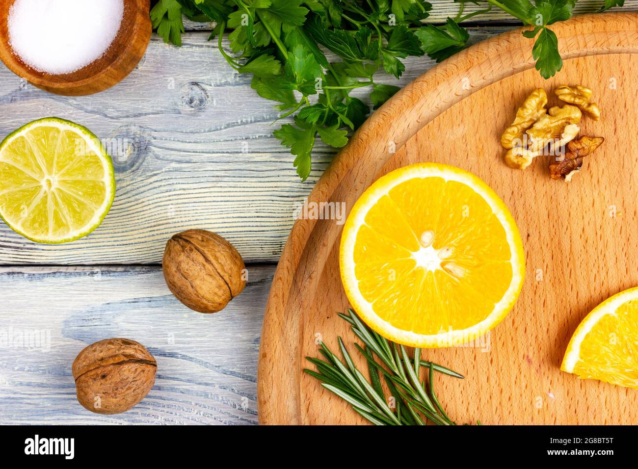 Salad ingredients. Vegan salad preparation. Work table in the kitchen ...