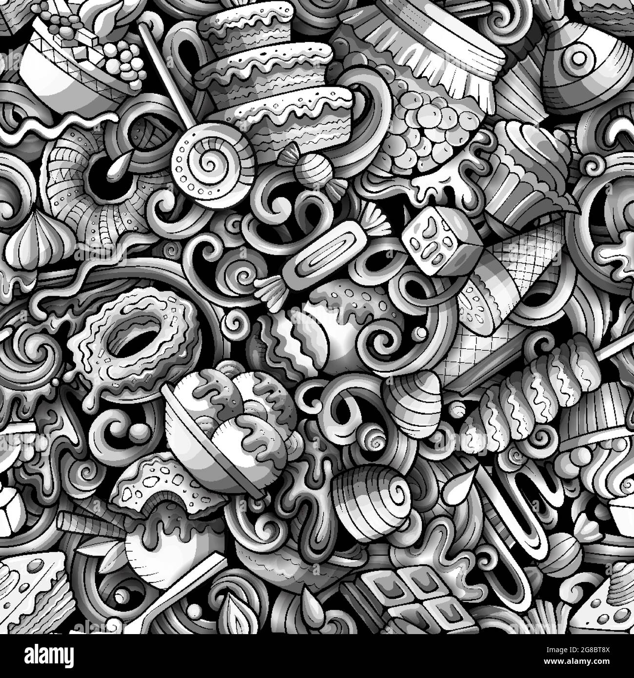 Cartoon doodles Desserts seamless pattern. Backdrop with sweet food ...