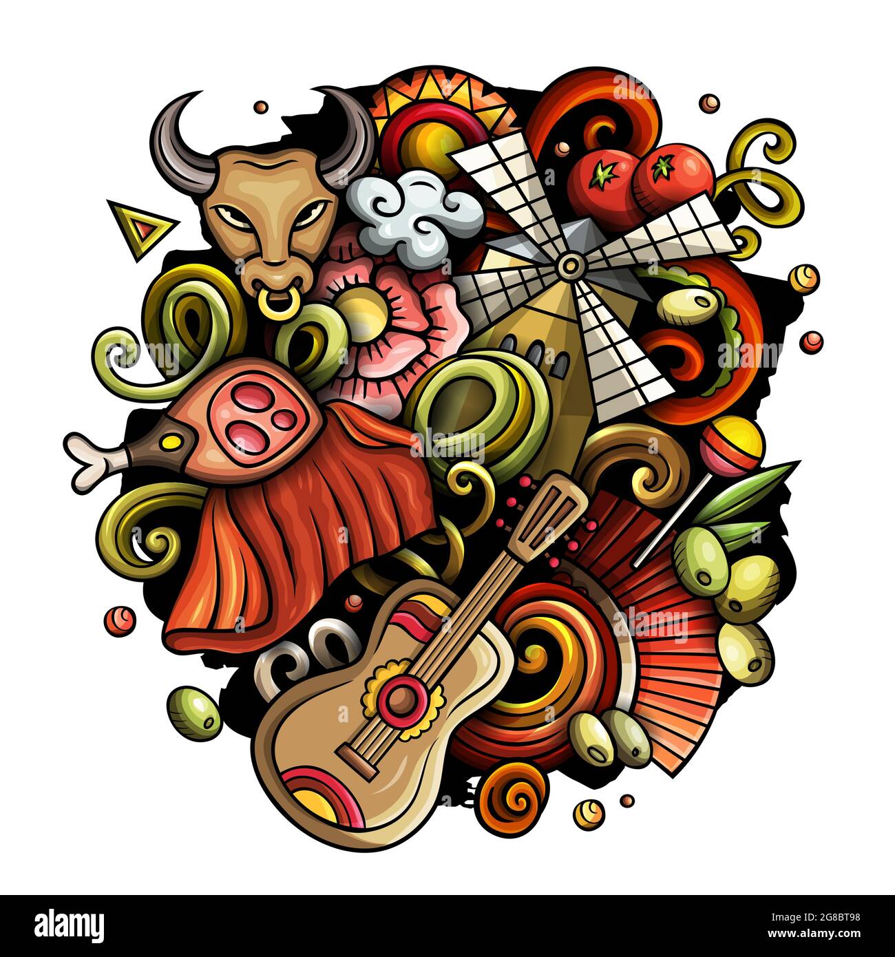 Spain hand drawn cartoon doodle illustration. Funny Spanish elements ...