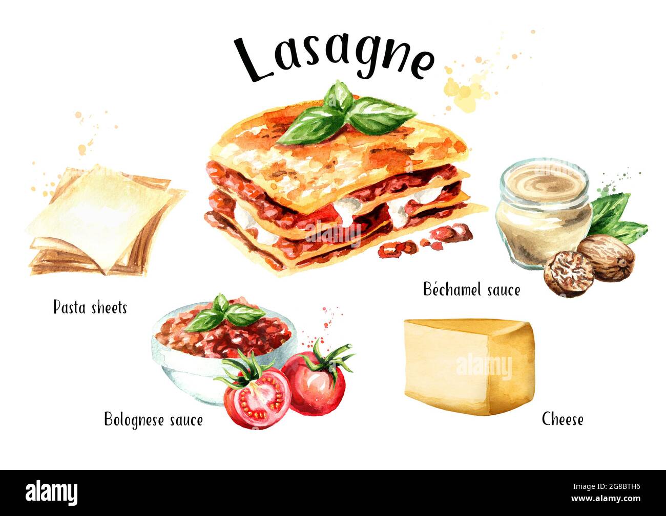 Lasagne recipe set. Watercolor hand drawn illustration isolated on ...