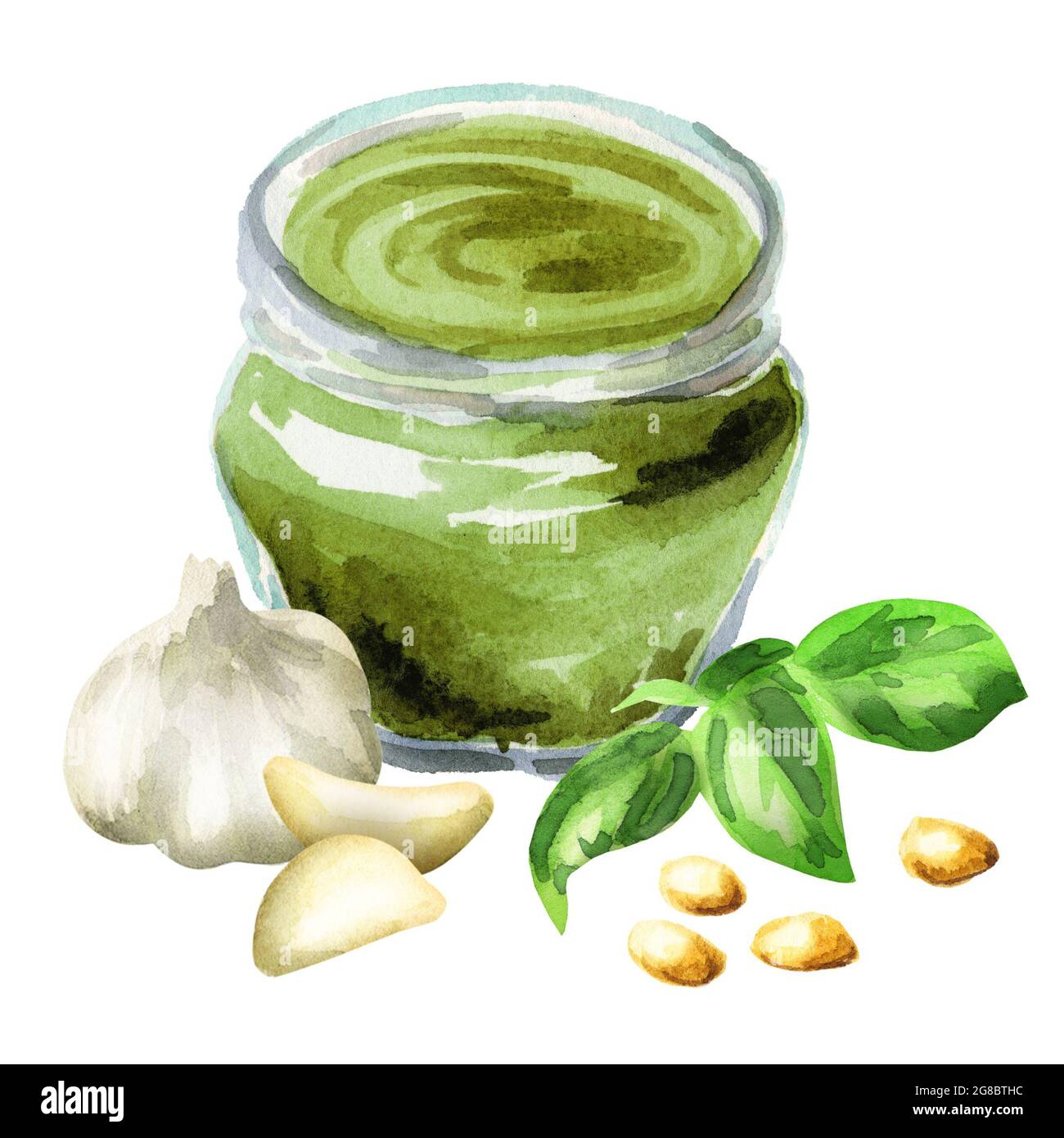Pesto with Basil and garlic. Watercolor hand-drawn illustration Stock ...