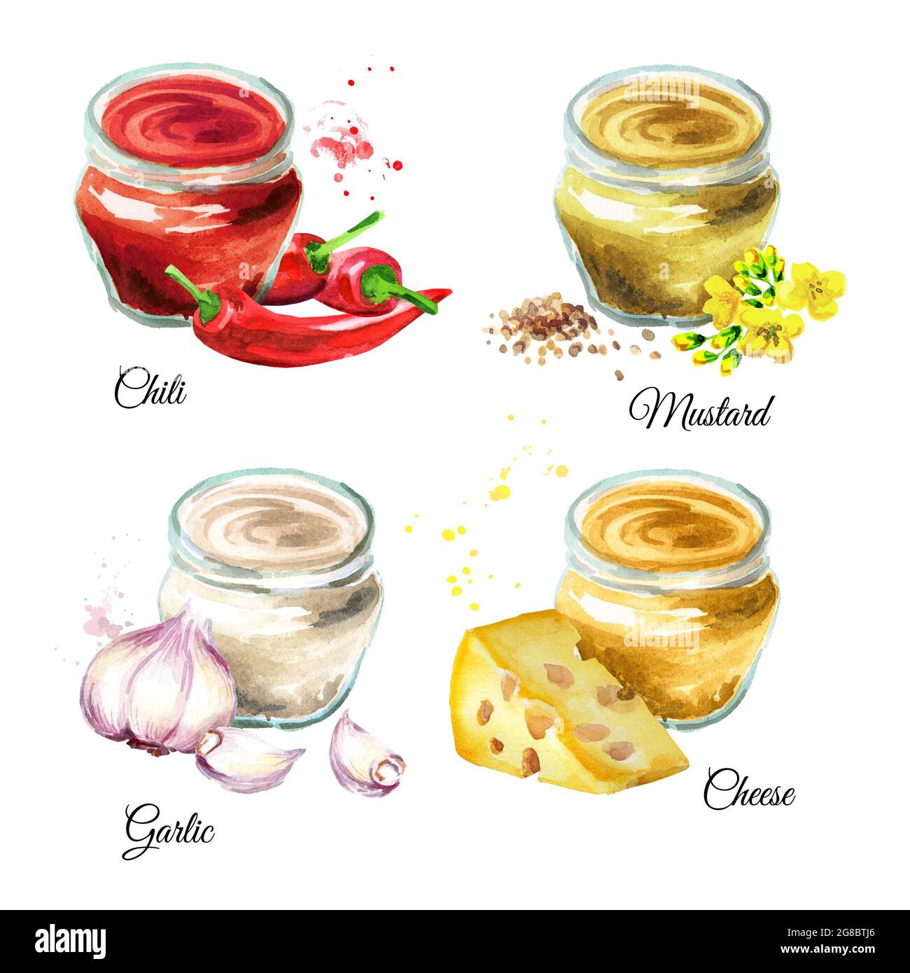 Sauce set 2. Chili, mustard, garlic, cheese. Watercolor hand drawn ...