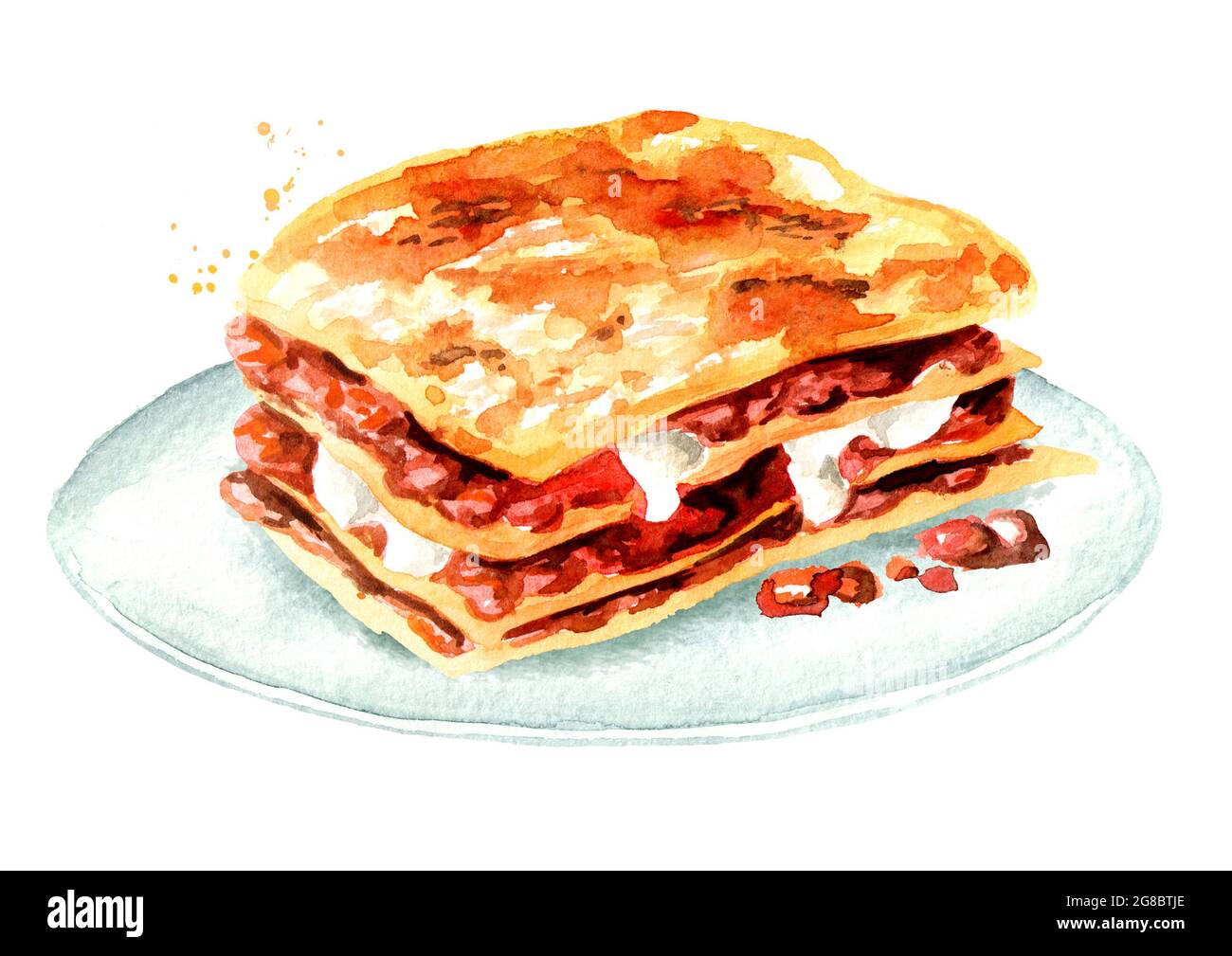 Lasagna on a plate. Watercolor hand drawn illustration isolated on ...