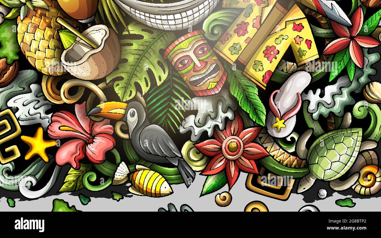 Hawaii hand drawn doodle banner. Cartoon vector detailed flyer ...