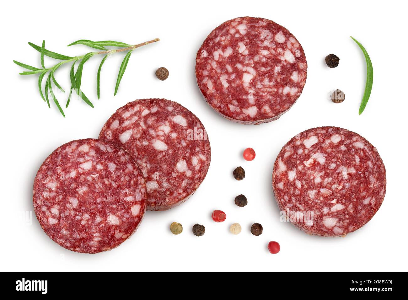 Smoked sausage salami slices isolated on white background with clipping ...