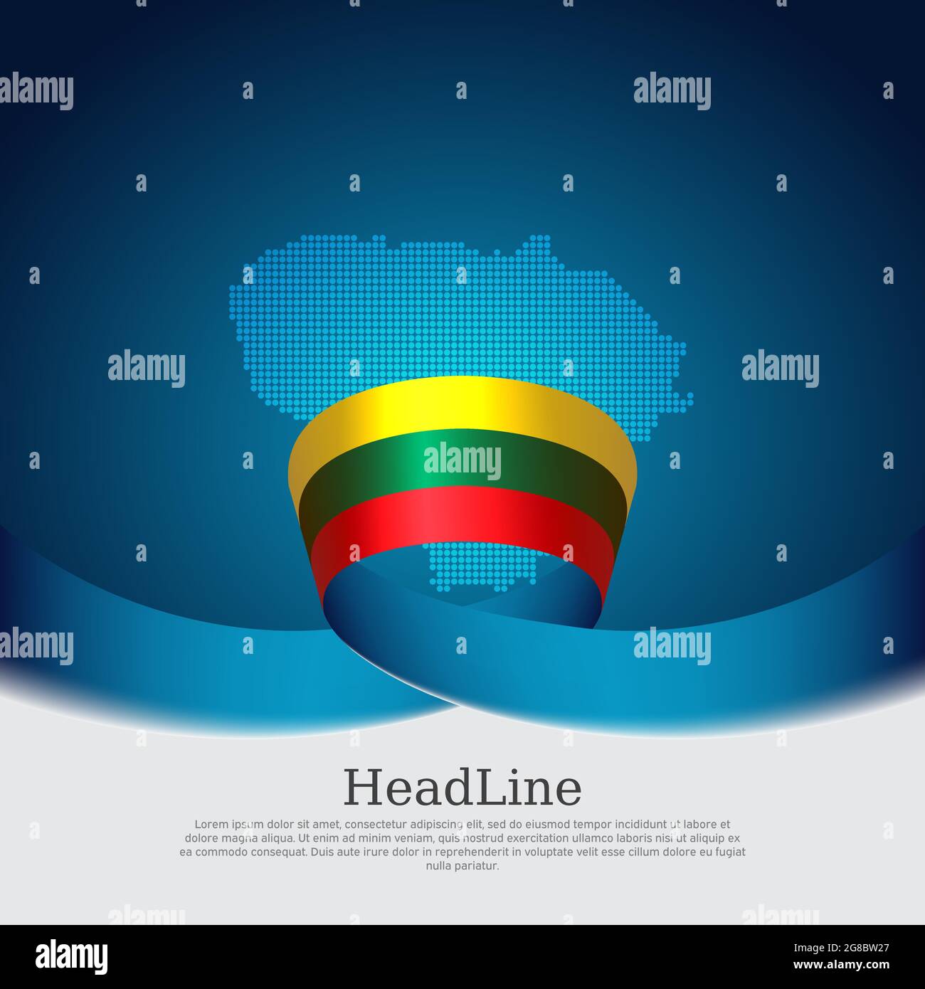 Lithuania flag, mosaic map on blue white background. Wavy ribbon with ...