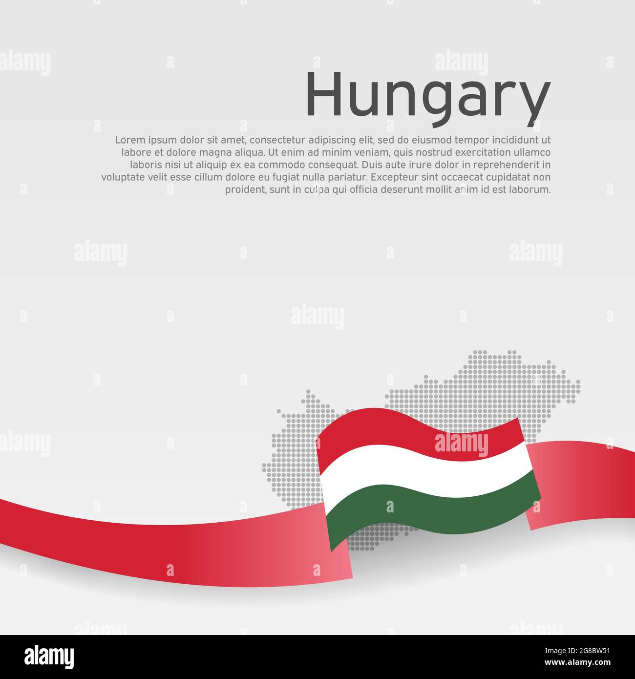 Hungary flag, mosaic map on white background. Wavy ribbon with the ...