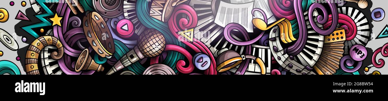 Music hand drawn doodle banner. Cartoon vector detailed flyer ...
