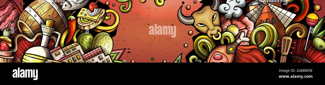 Spain hand drawn doodle banner. Cartoon vector detailed flyer ...