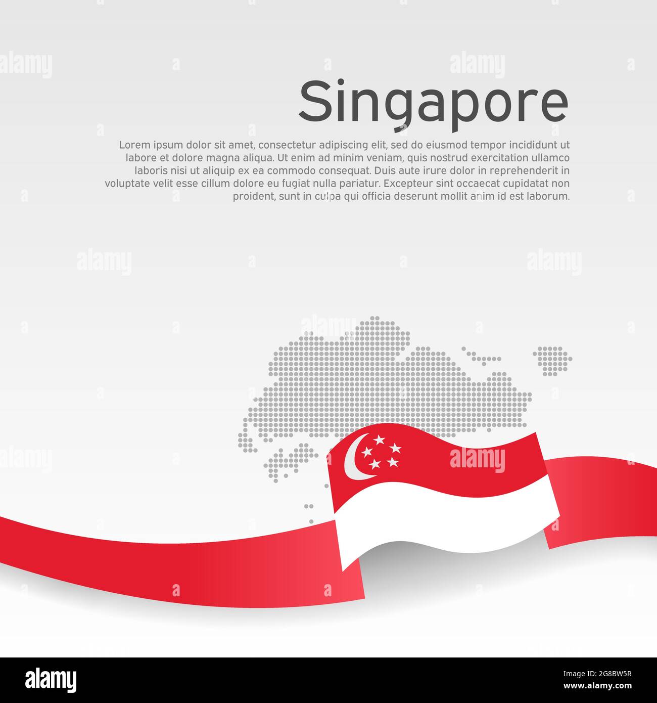 Singapore flag, mosaic map on white background. Wavy ribbon with the ...