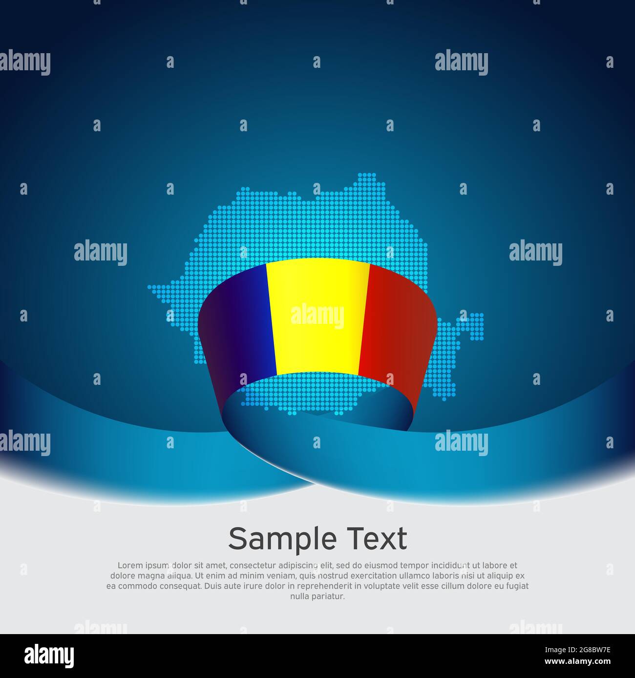 Romania flag, mosaic map on blue white background. Wavy ribbon with the ...