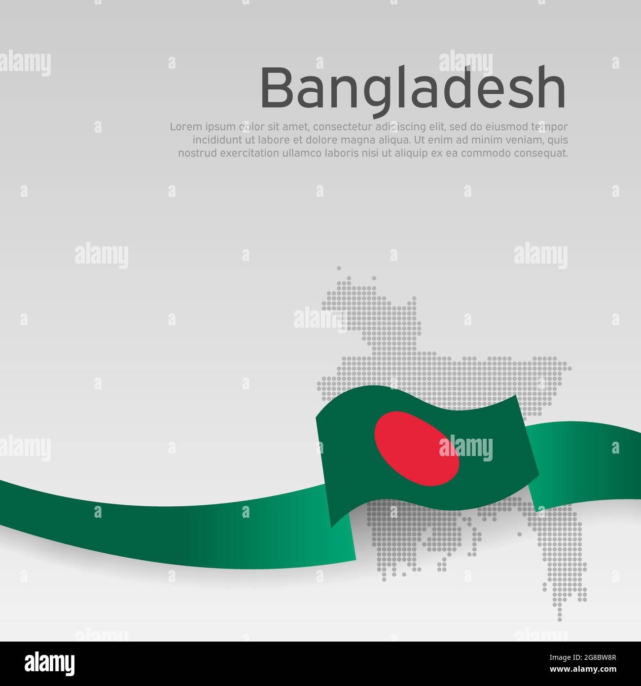 Bangladesh flag, mosaic map on white background. Wavy ribbon with the ...