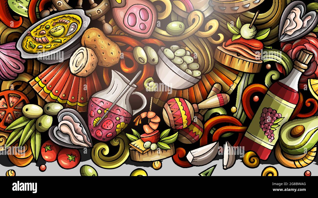 Spain hand drawn doodle banner. Cartoon vector detailed flyer ...