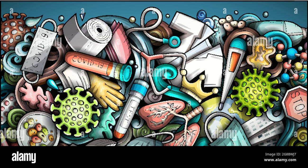 Coronavirus hand drawn doodle banner. Cartoon vector detailed flyer ...
