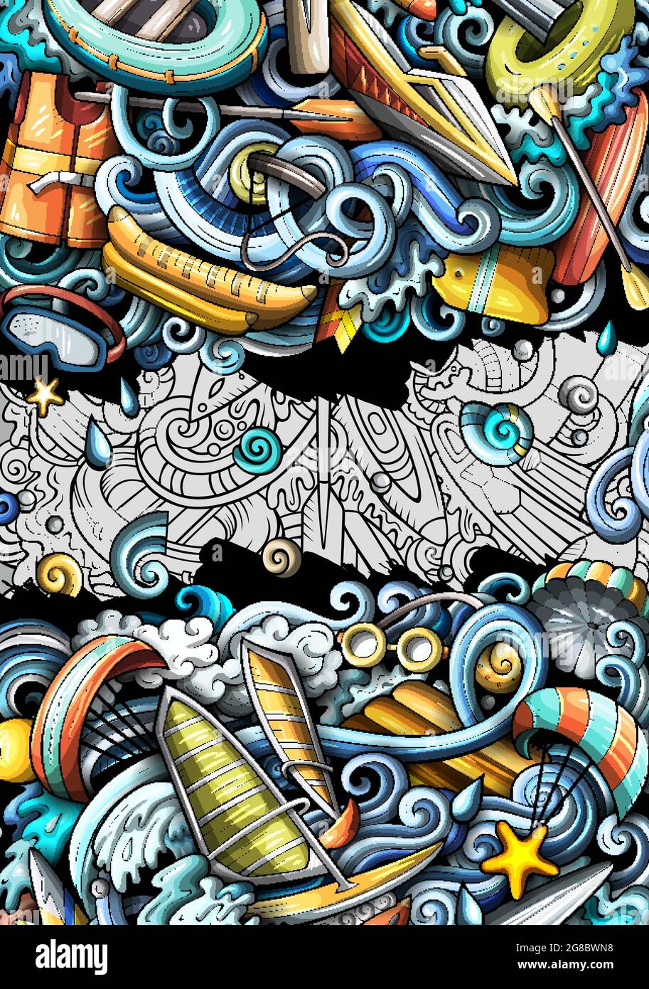 Water sports hand drawn doodle banner. Cartoon vector detailed flyer ...