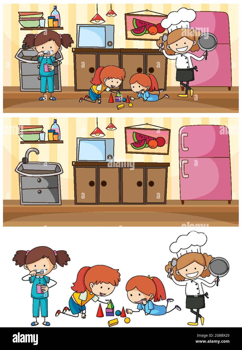 Set of different horizontal kitchen scenes with doodle kids cartoon ...