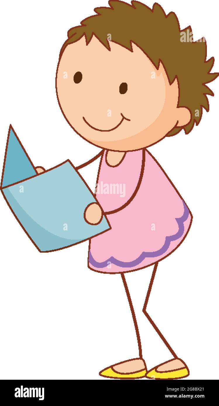 A doodle kid reading a book cartoon character isolated illustration ...