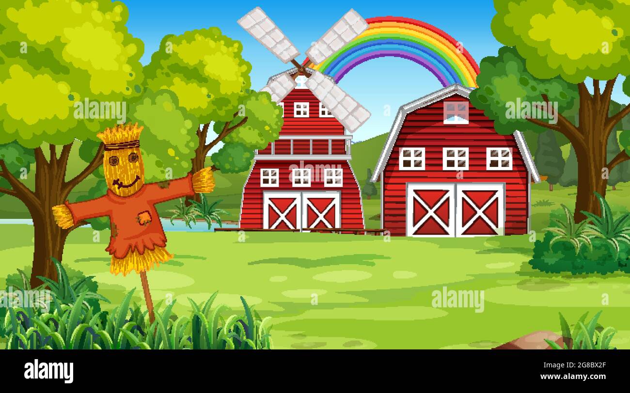 Farm landscape scene with barn and windmill illustration Stock Vector ...