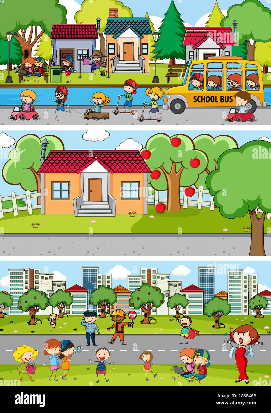 Set of different horizontal scenes background with doodle kids cartoon ...