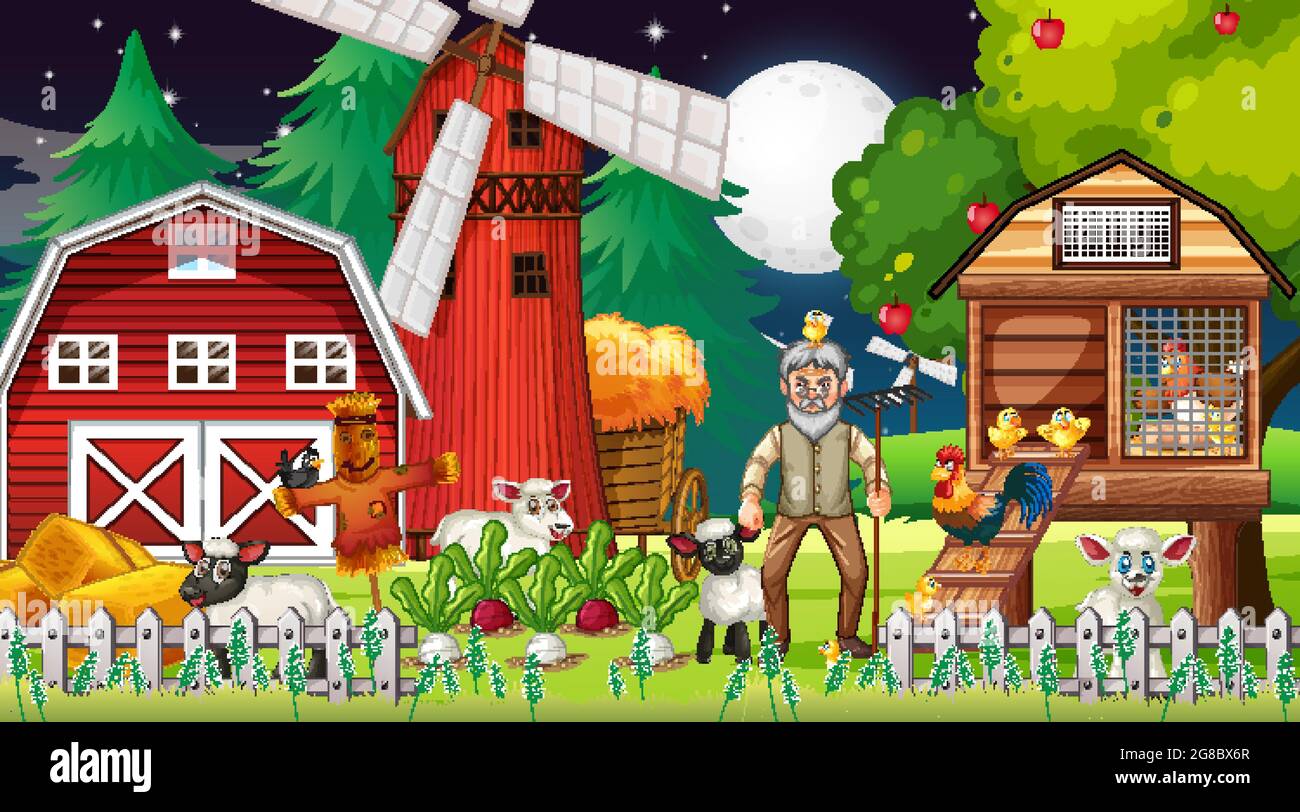 Farm at night scene with old farmer man and farm animals illustration ...